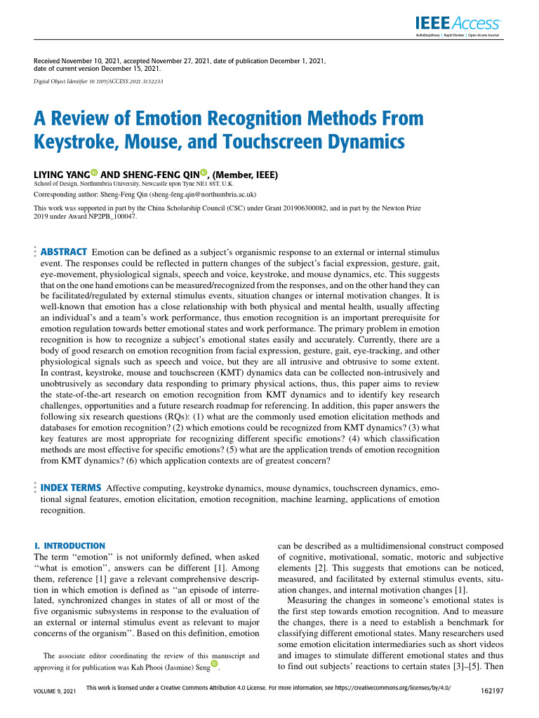 A Review of Emotion Recognition Methods From Keystroke Mouse and Touchscreen Dynamics | PDF ...