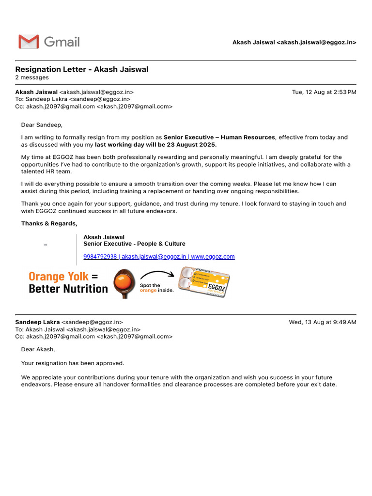 Resignation Letter - Akash Jaiswal | PDF