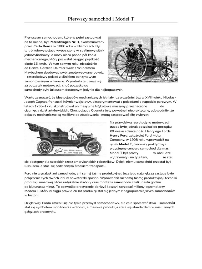 Pierwszy Samochód I Model T | PDF