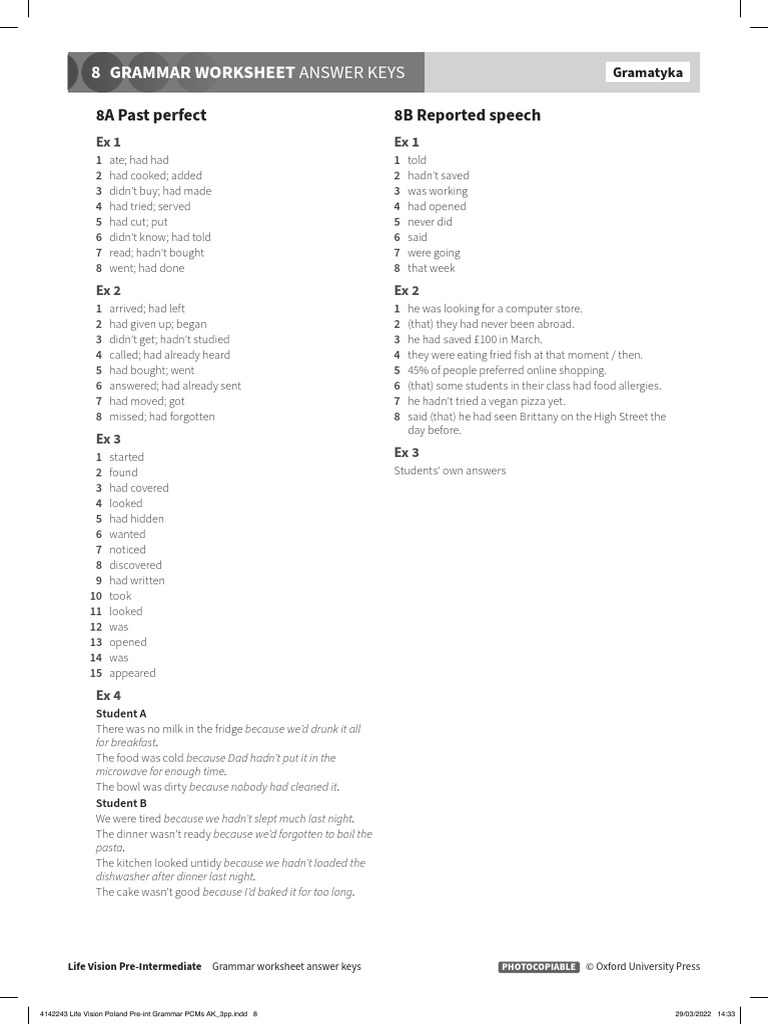 Pre-Intermediate Grammar Answer Keys | PDF