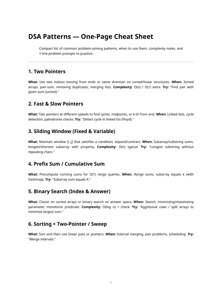 Dsa Patterns - One-Page Cheat Sheet | PDF | Algorithms And Data Structures | Theoretical ...