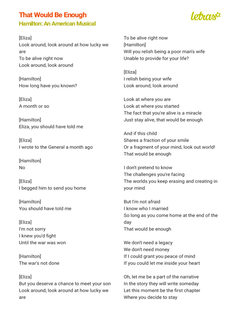 That Would Be Enough - Hamilton - An American Musical (Impressão) | PDF ...
