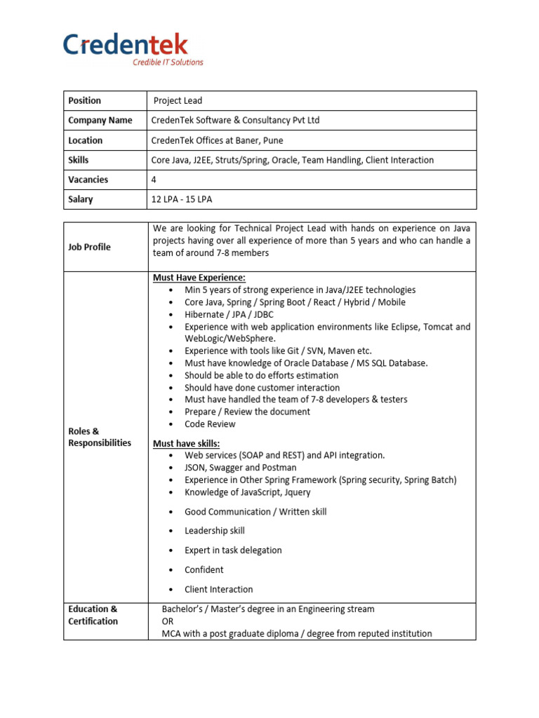 Java Project Lead Position in Pune | PDF