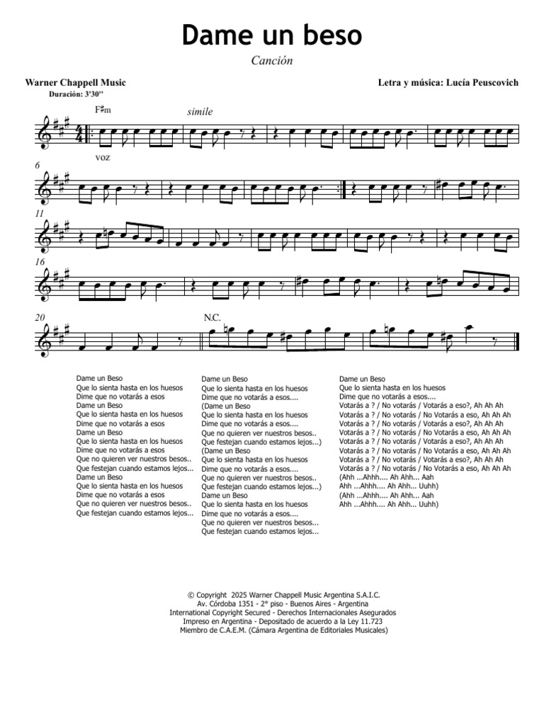 Letra de "Dame un Beso" de Lucía Peuscovich | PDF