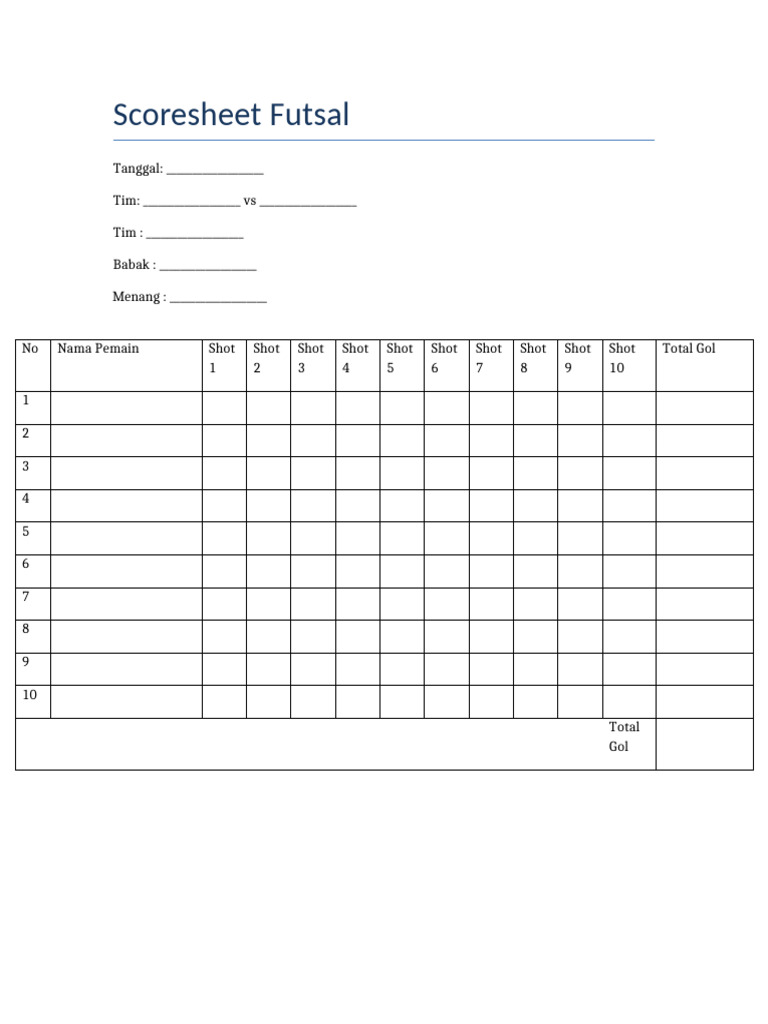 Scoresheet Futsal Centang Silang | PDF
