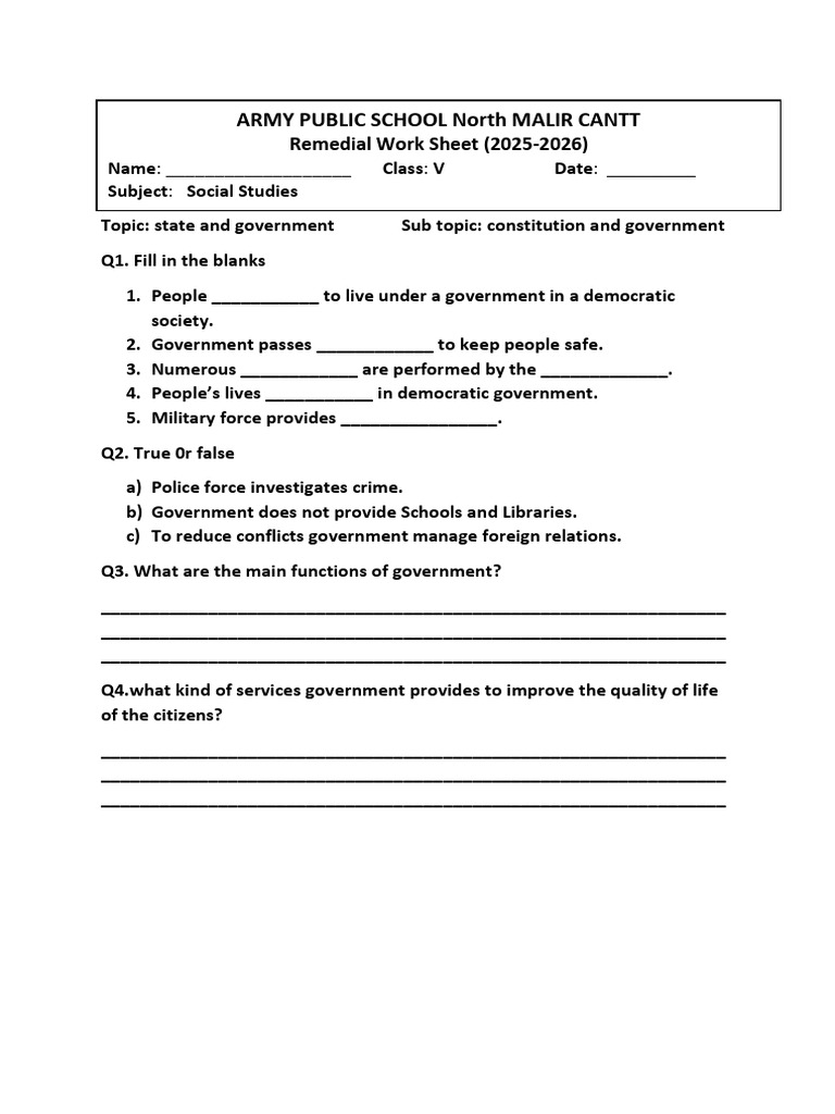 Army Public School North Malir Cantt: Remedial Work Sheet (2025-2026) | PDF