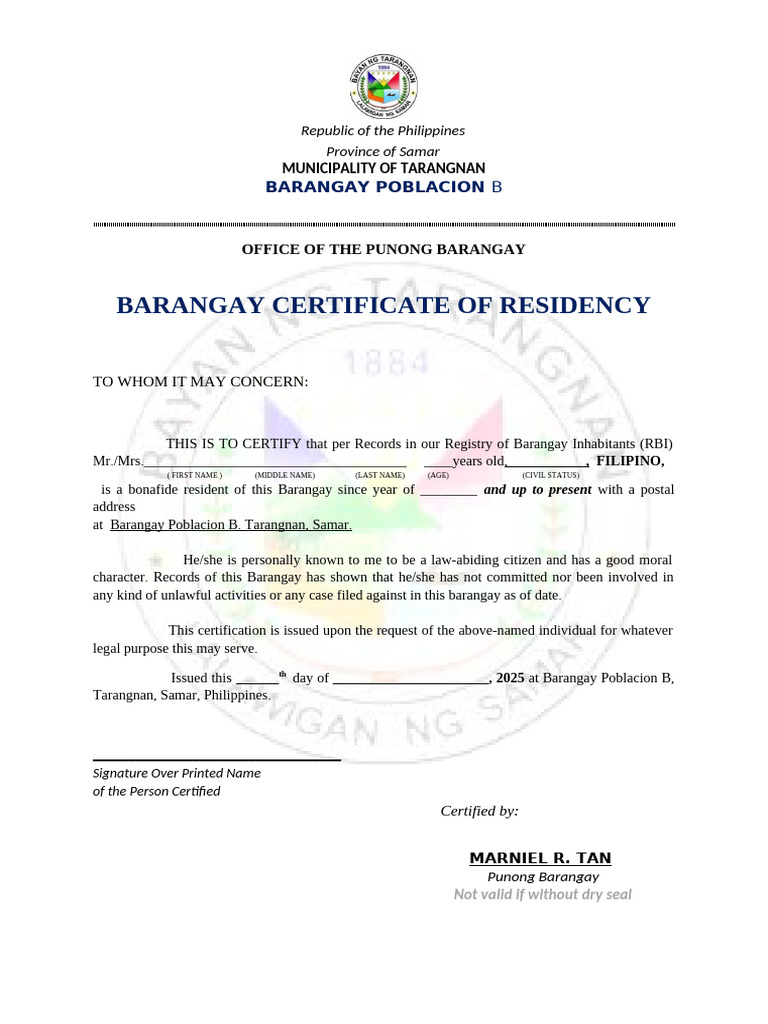 Barangay Certificate of Residency | PDF