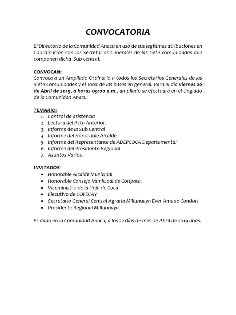Convocatoria a Ampliado en Comunidad Anacu | PDF