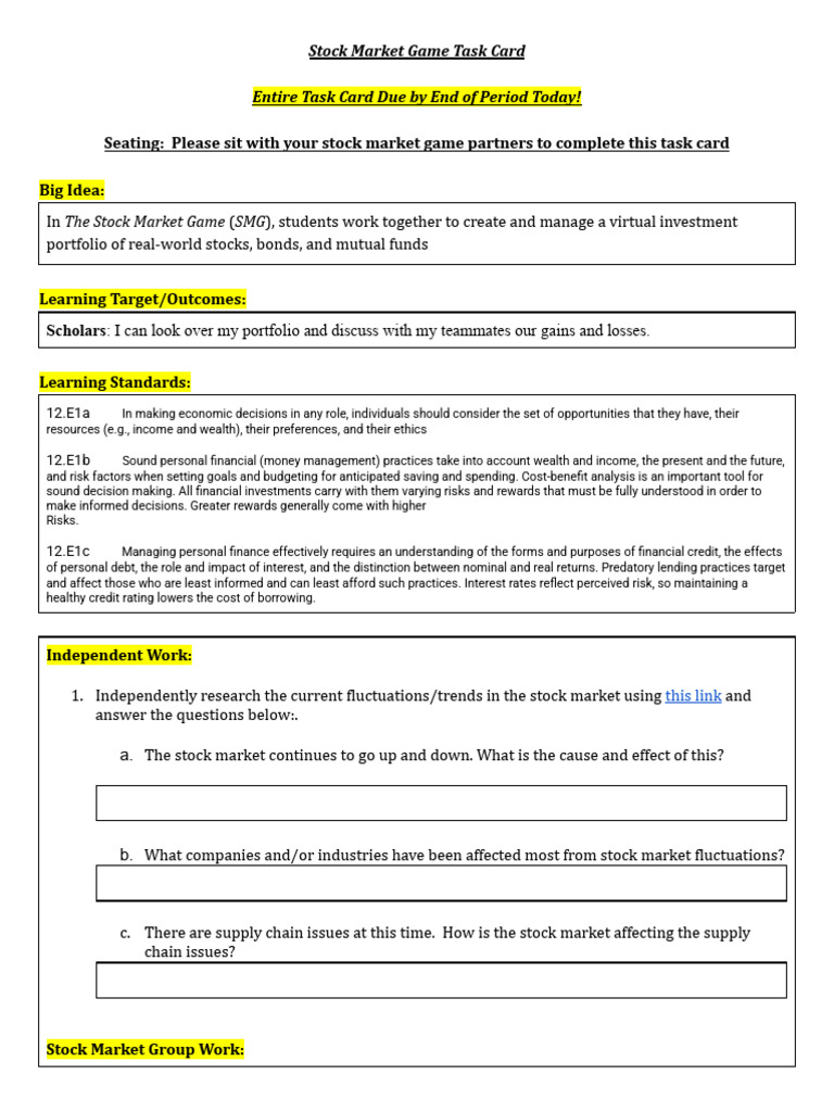 Oliver Benn - Stock Market Game Trading Day Task Card | PDF | Stock ...