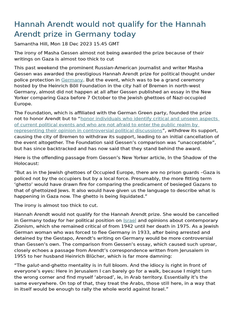 Gessen's Prize Controversy and Arendt's Legacy | PDF | Hannah Arendt ...