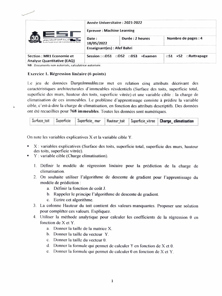 Examen Machine Learning 2021-2022 | PDF | Analyse de régression ...
