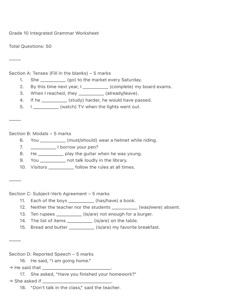 Class 10 Grammar Worksheet | PDF | Linguistics | Syntax