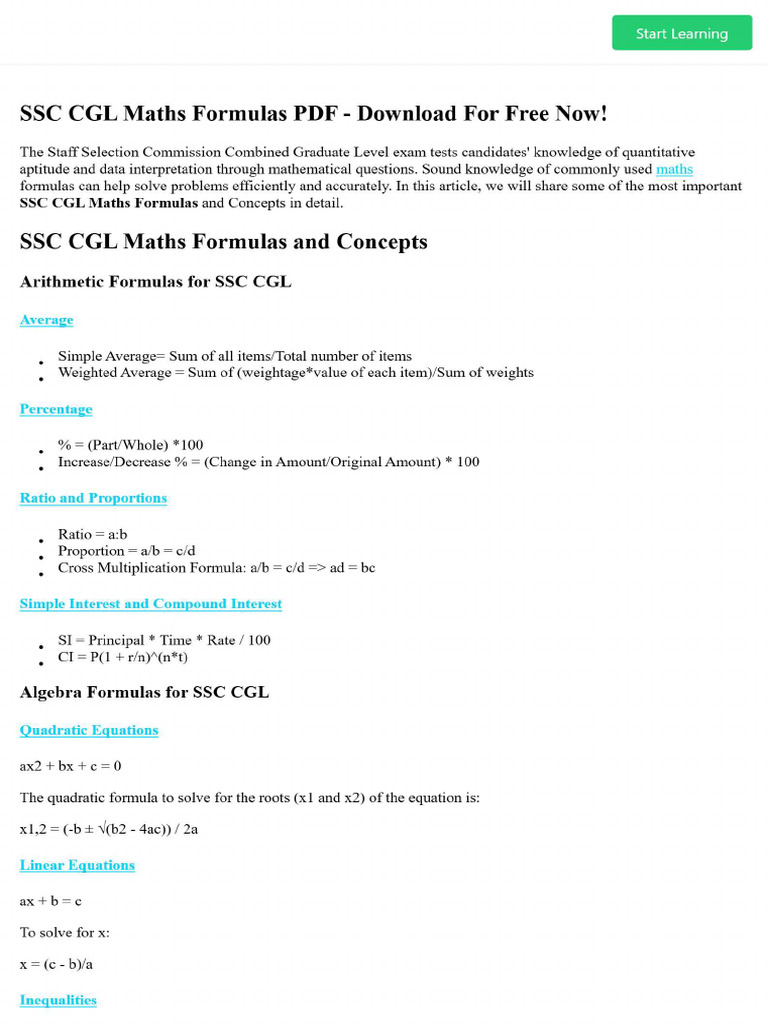 SSC CGL Maths Formulas PDF - Download For Free Now! | PDF