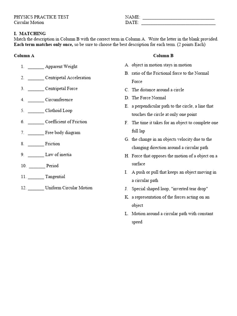 Circular Motion Physics Practice Test | PDF | Force | Quantity