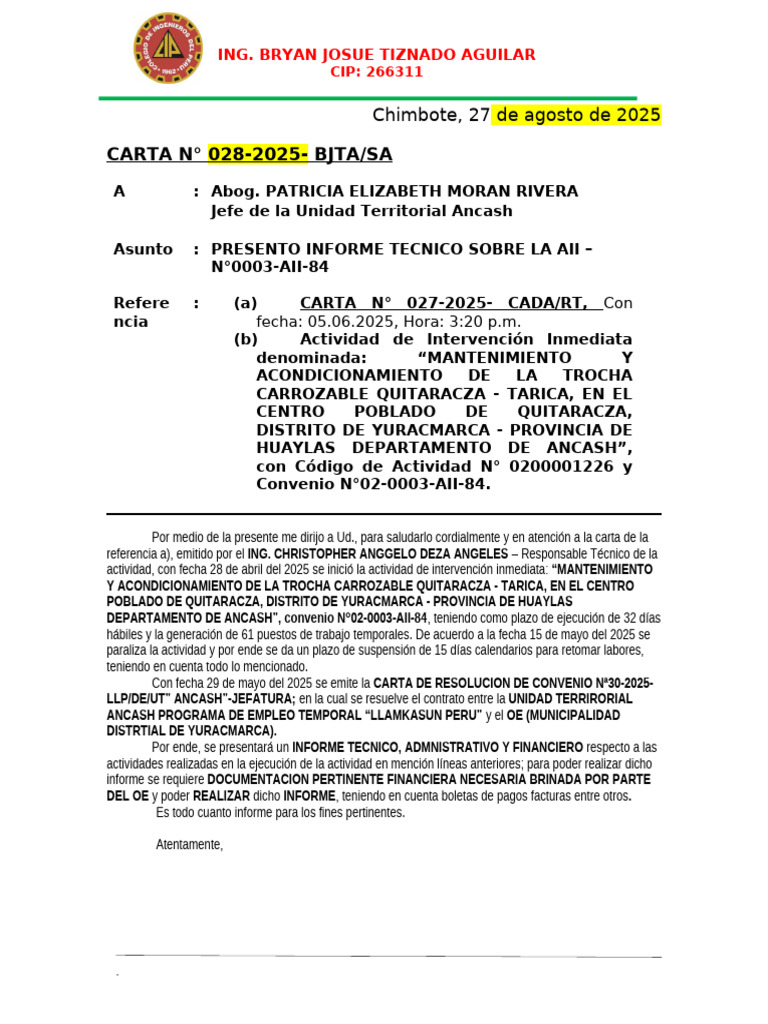 Carta - N°000-Informe Tenico para Llankasum | PDF | Ley común | Gobierno