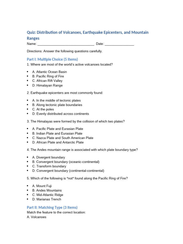 Quiz Distribution of Volcanoes Earthquakes Mountains | PDF | Plate ...