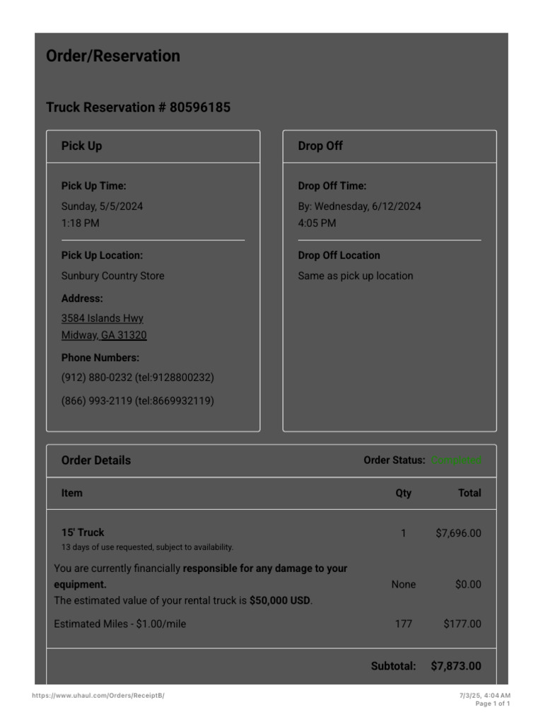 Order-Reservation Confirmation - U-Haul | PDF