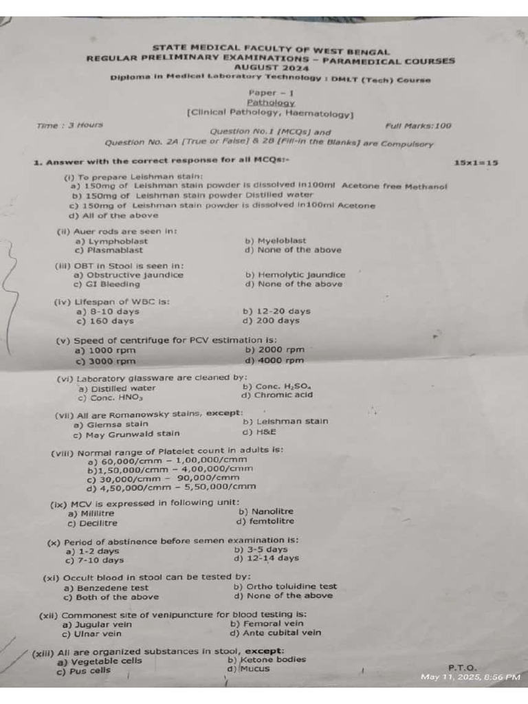 DMLT 23 - 25 External Exam Questions | PDF