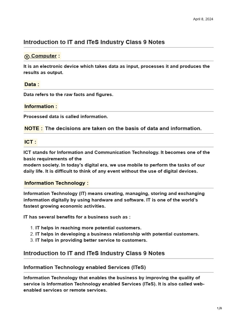 Class 9 IT and ITeS Industry Overview | PDF | Outsourcing | Educational ...