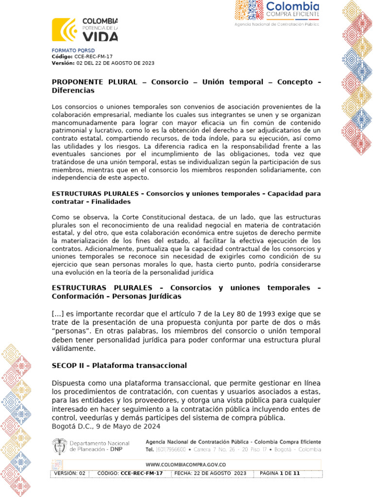Proponente Plural Consorcio Unión Temporal Concepto - Diferencias | PDF ...