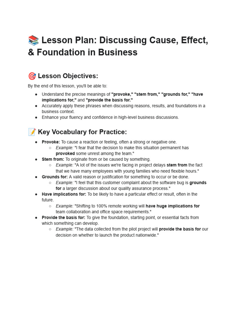Lesson Plan Discussing Cause Effect Foundation in Business | PDF ...
