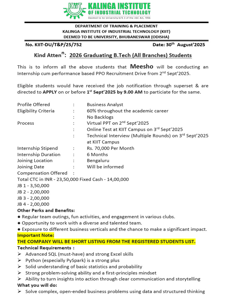 Registration For Meesho Internship Cum PPO Recruitment Drive - 2026 Graduating Batch | PDF ...