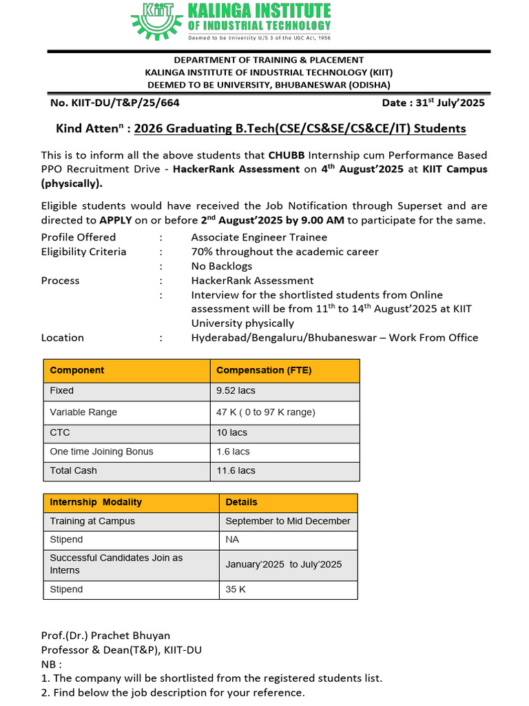 Registration For Chubb Internship Cum PPO Recruitment Drive For 2026 Graduating Batch | PDF ...