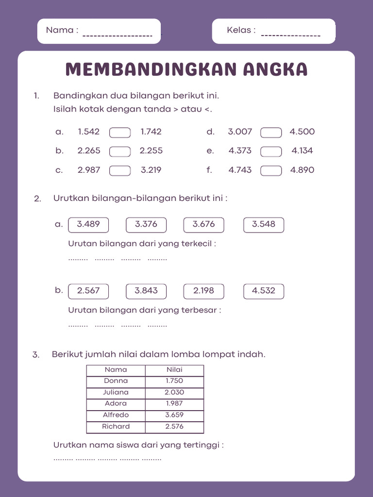 Membandingkan Angka Lembar Kerja Matematika Numerasi Ungu Ilustratif | PDF
