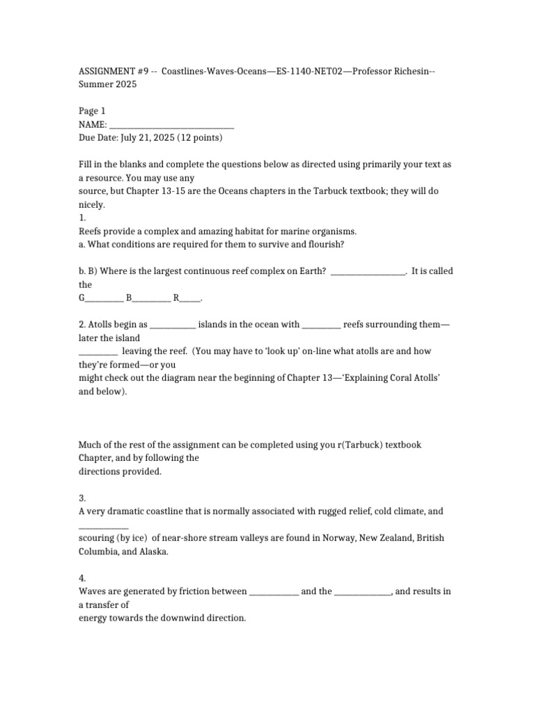 Assign9 Coastal Ocean Review Worksheet | PDF | Coast | Physical ...