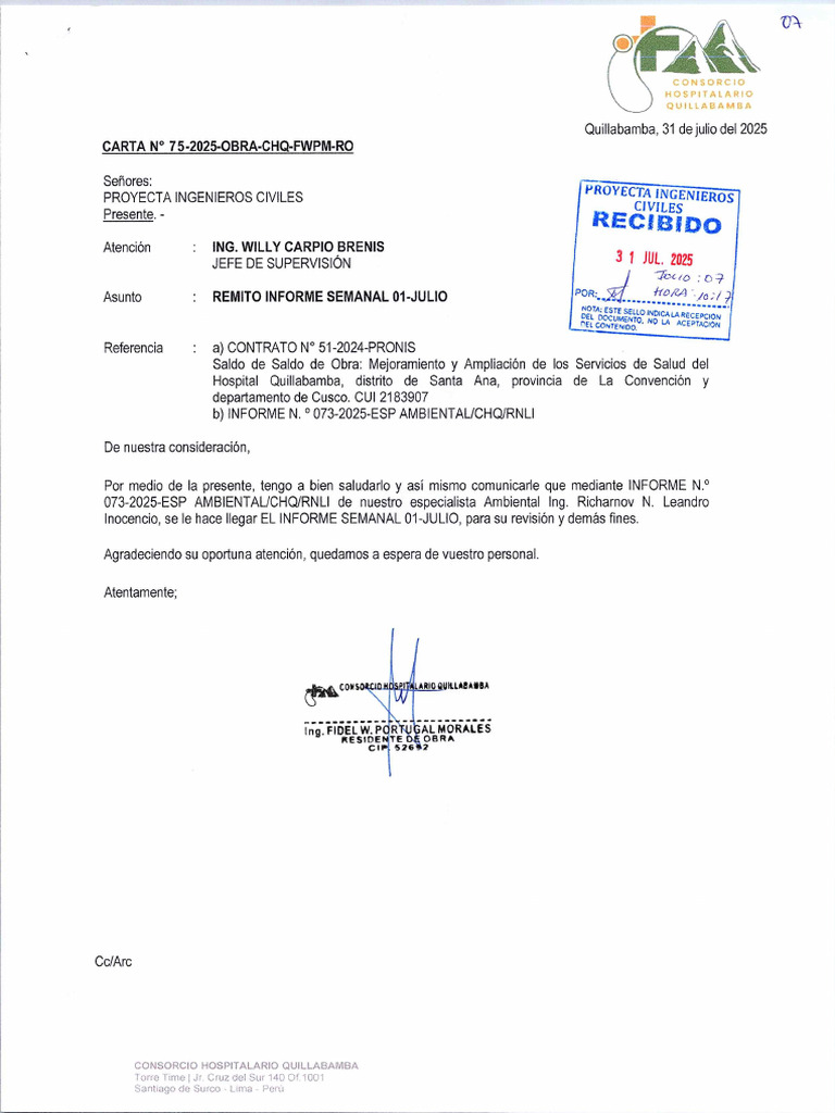 Carta 075-2025-Obra-Chq-Fwpm-Ro - Remito Informe Semanal 01 Julio | PDF