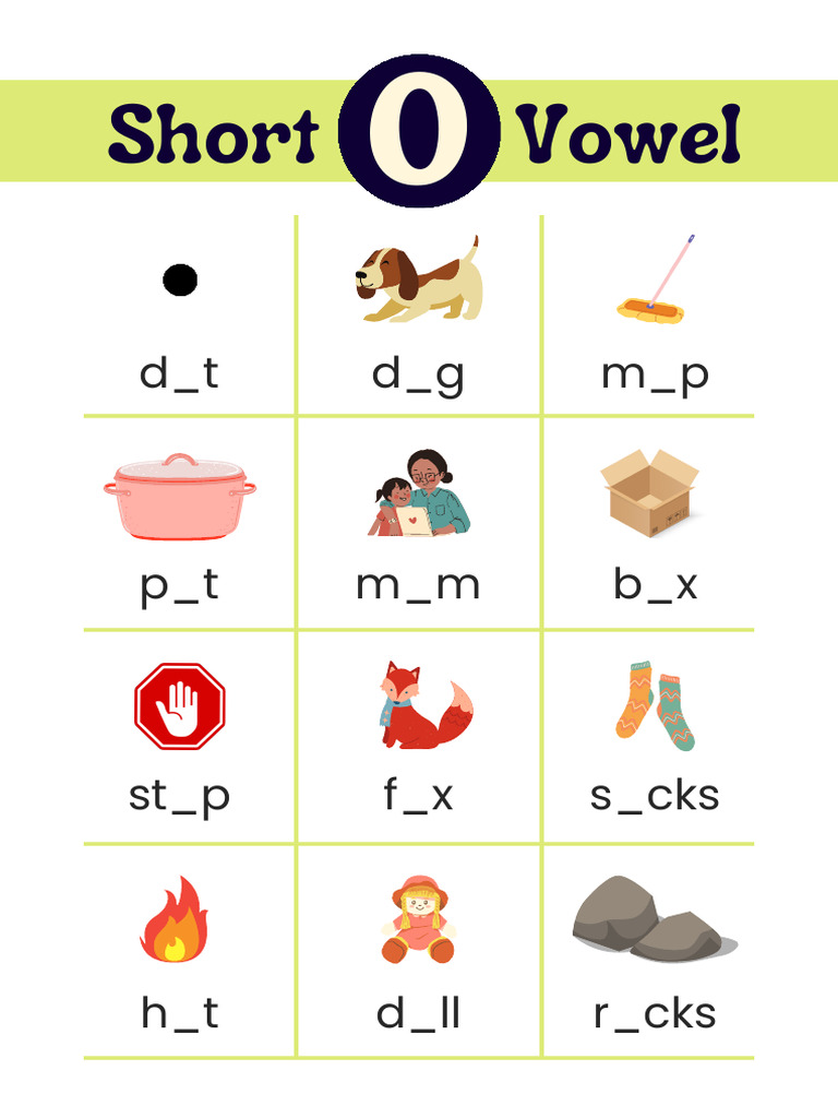 Short O Vowel Early Literacy English Worksheet in Illustrative Style ...