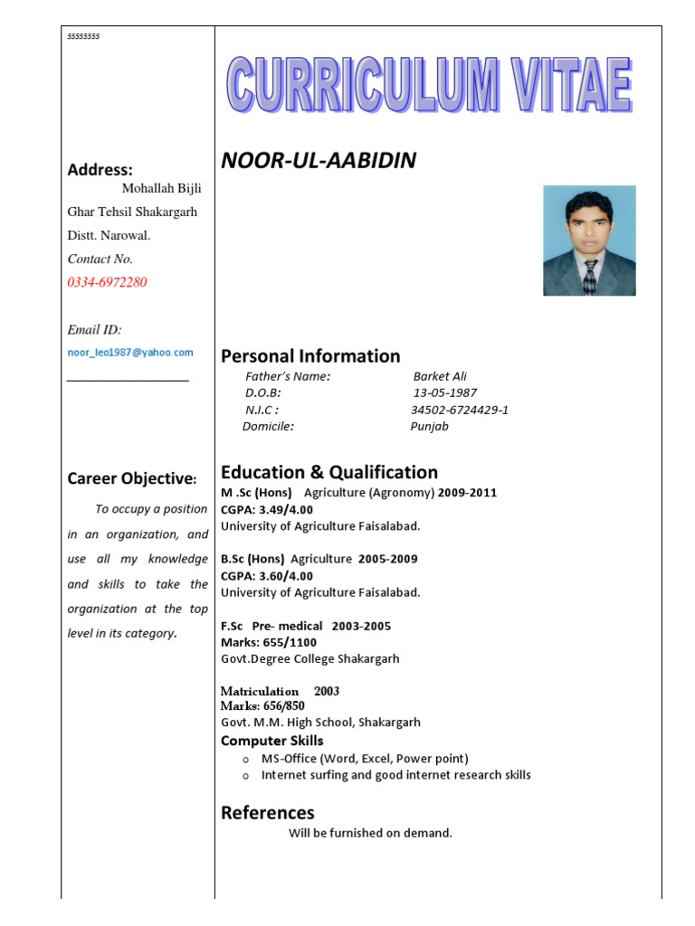 Noor-ul-Aabidin's CV & Career Goals | PDF | Business | Wellness