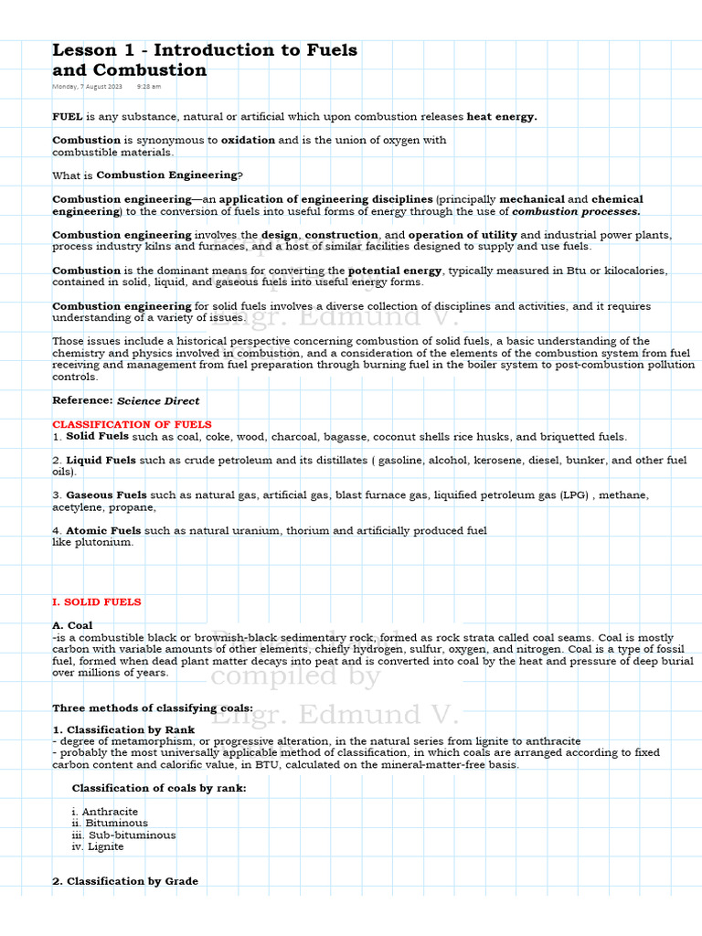 Lesson 1 - Introduction To Fuels and Combustion | PDF | Fuels | Coal