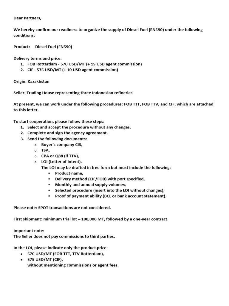 Diesel Fuel Supply Agreement Details | PDF | Letter Of Credit | Business