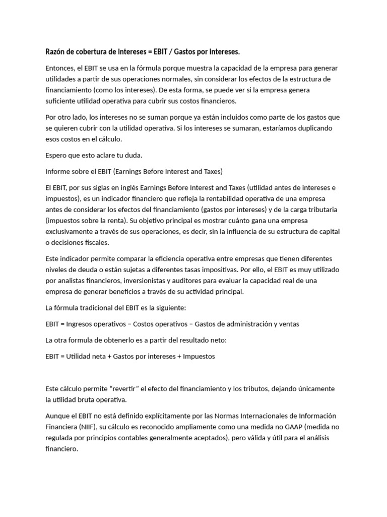 Razón de Cobertura de Intereses EBIT / Gastos Por Intereses | PDF ...
