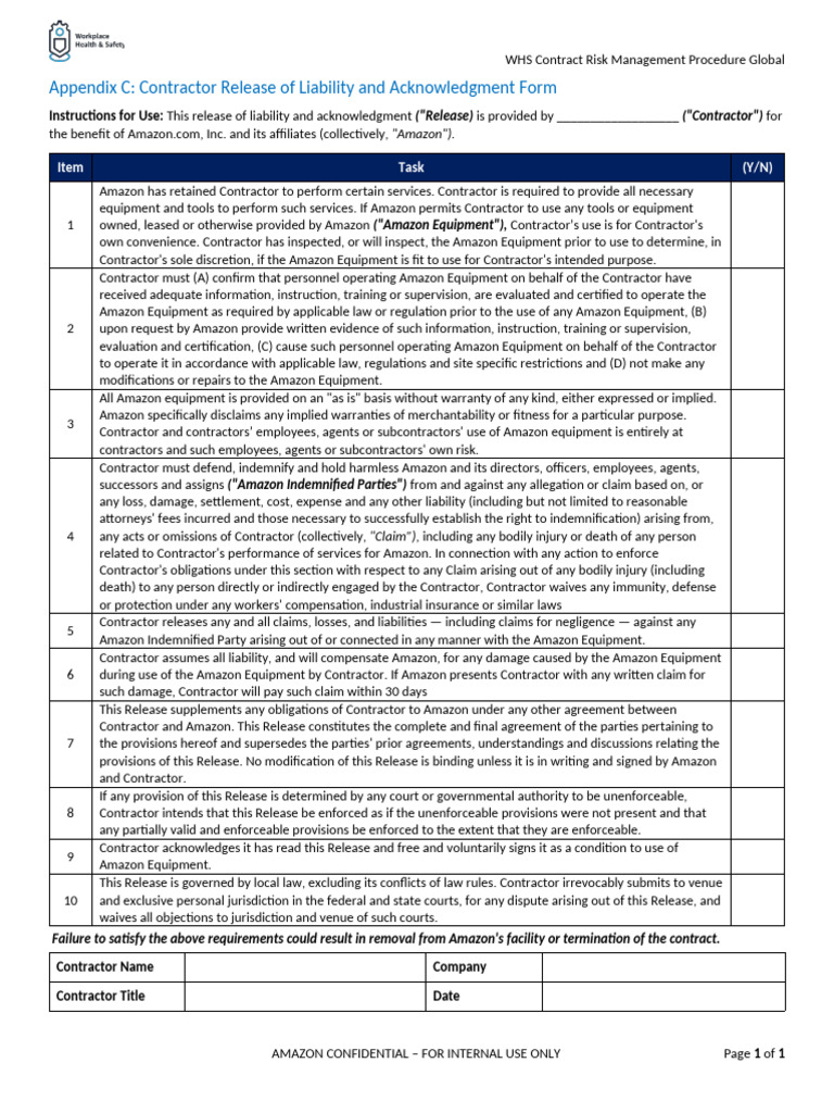 Contractor Liability Release Form for Amazon | PDF | Indemnity | Common Law