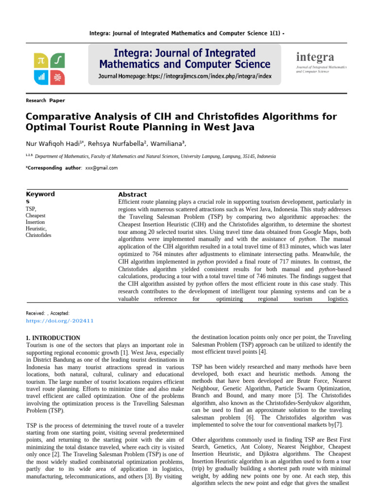Comparative Analysis of CIH and Christofides Algorithms For Optimal Tourist Route Planning in ...