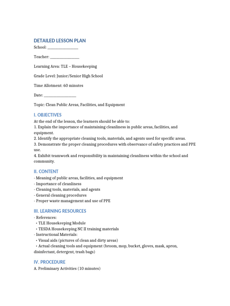Lesson Plan on Cleanliness in Public Areas | PDF | Housekeeping ...