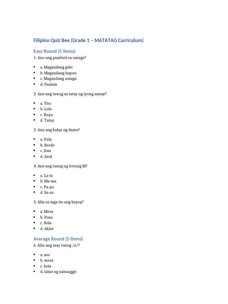 Filipino Quiz Bee Grade1 | PDF