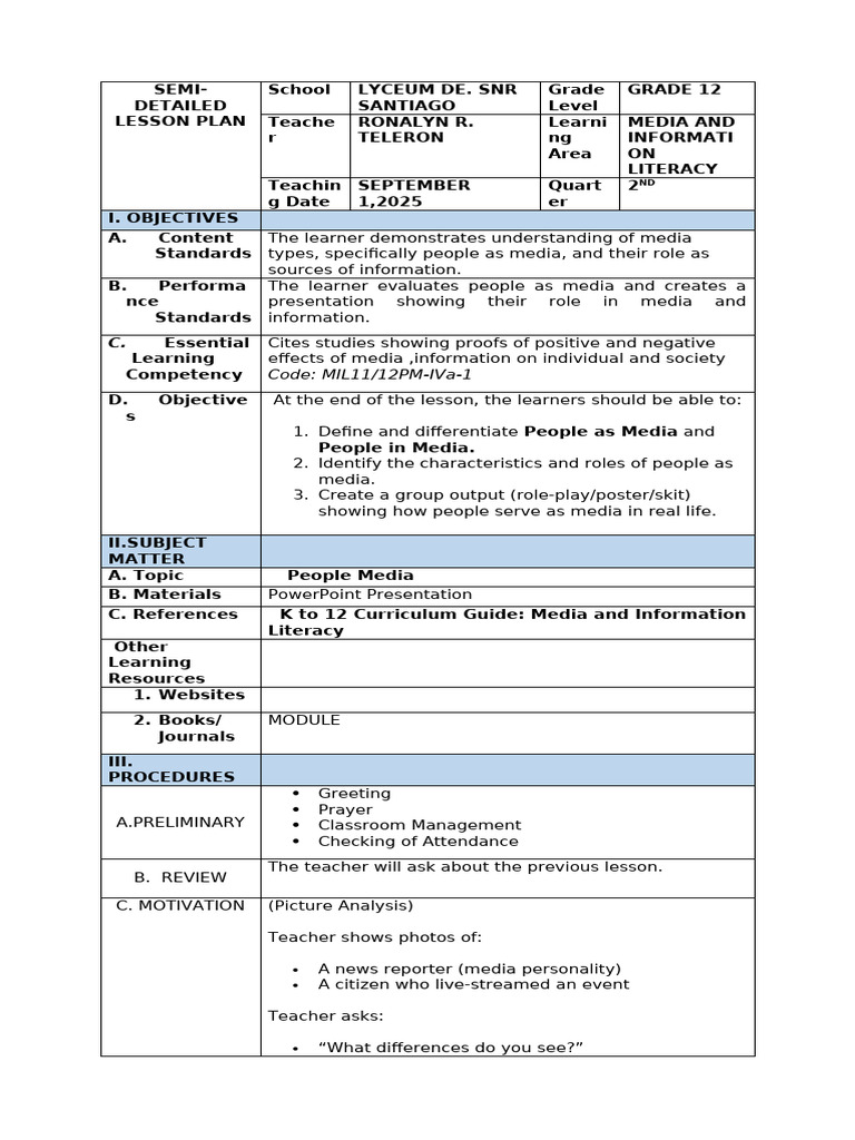 Grade 12 Media Literacy Lesson Plan | PDF | Lesson Plan | Learning