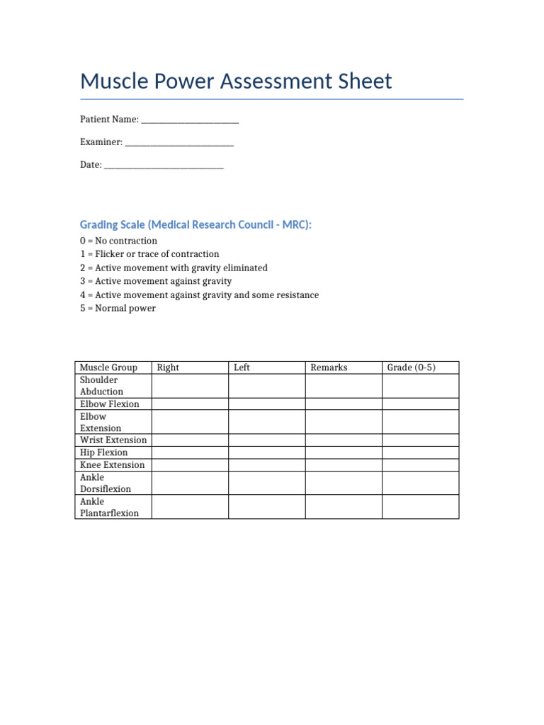 MRC Muscle Power Assessment Sheet | PDF