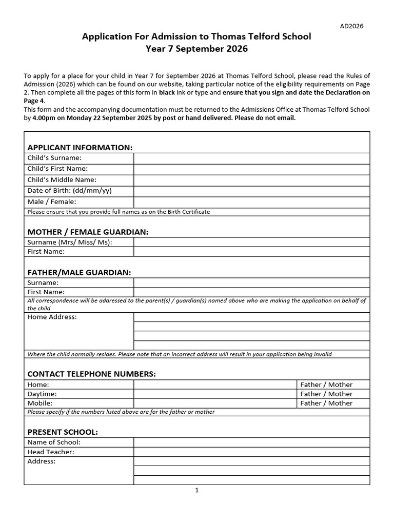 Year 7 Application Form 2026 PDF-1 | PDF