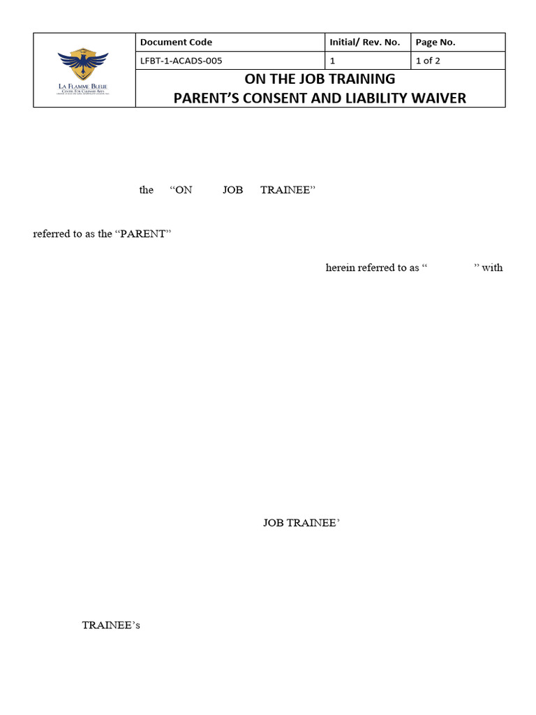 Ojt Parent's Consent and Liability Waiver | PDF | Civil Law (Legal System) | Private Law