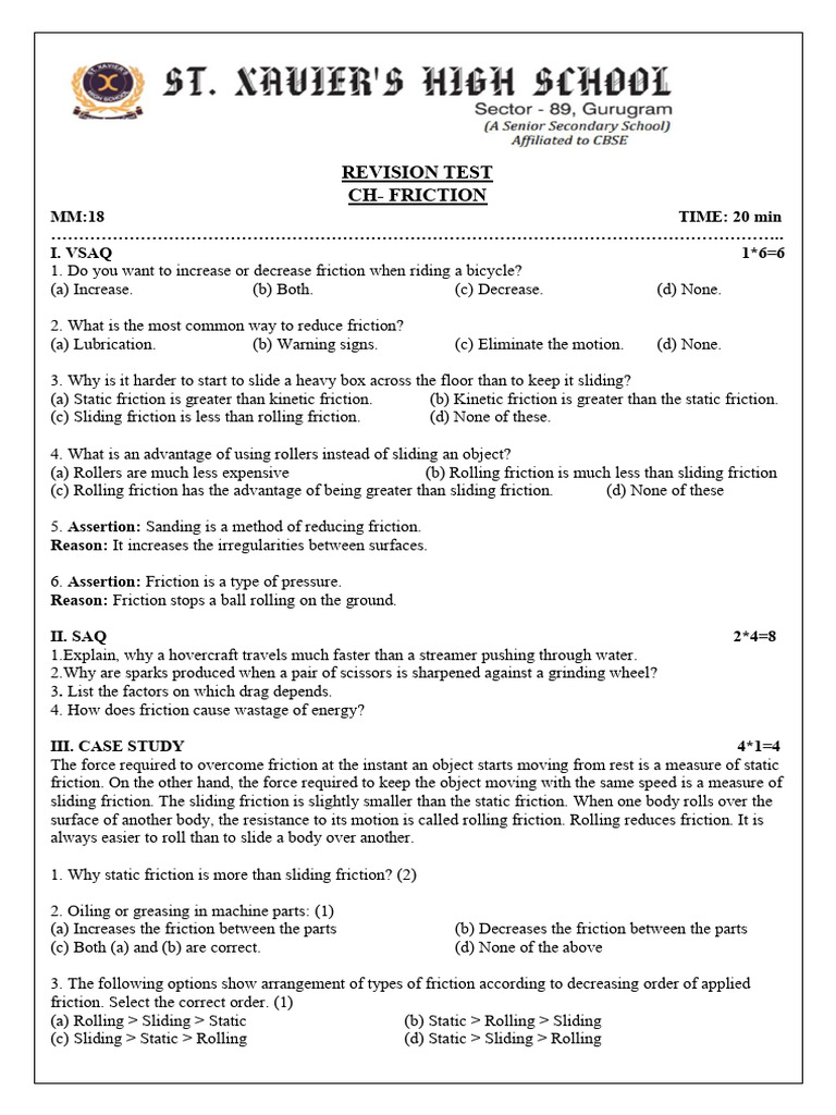 Friction Concepts and Applications Test | PDF | Friction | Physical ...