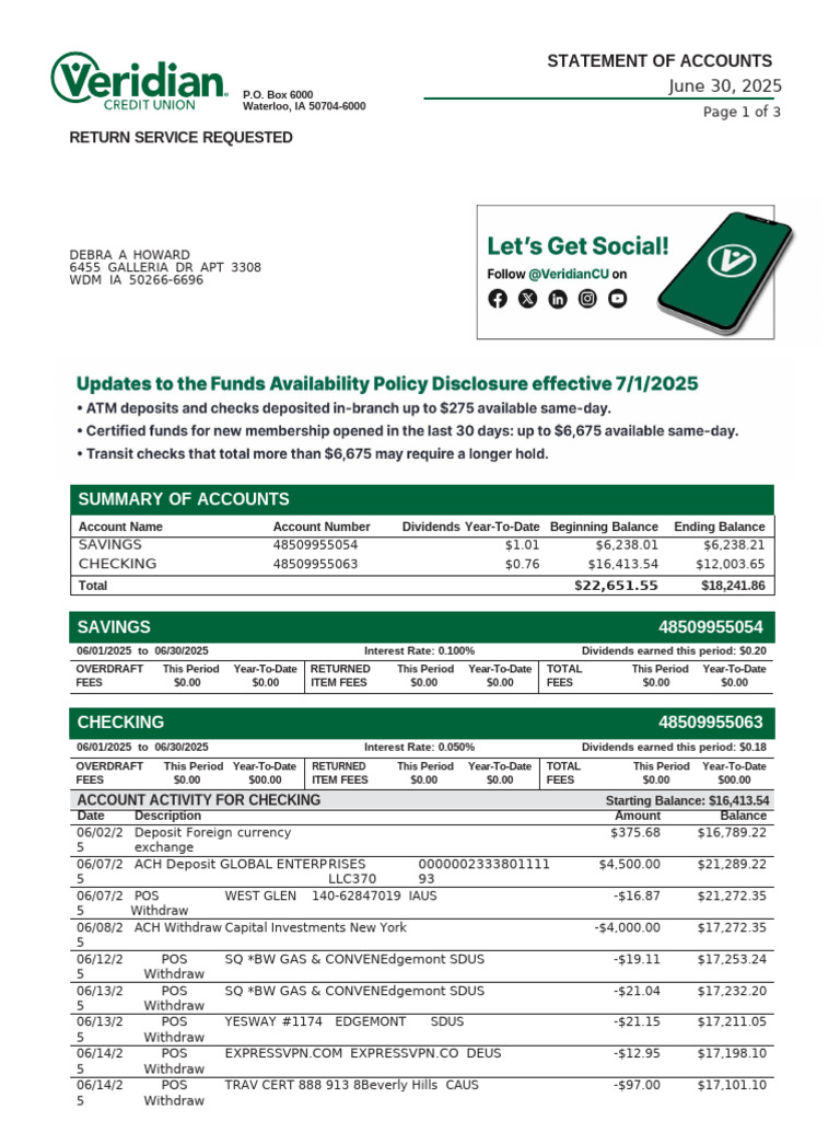 Veridian Bank Statement June 2025 | PDF | Overdraft | Credit Card