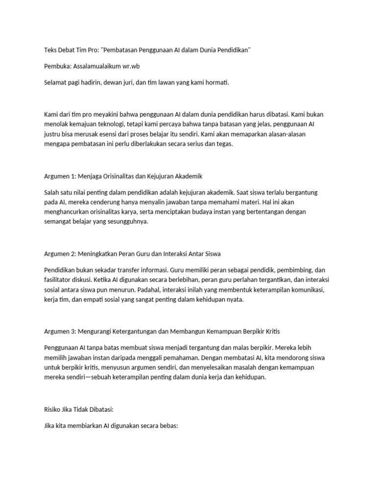 Teks Debat Dewan Ini Percaya Bahwa Penggunaan Kecerdasan (AI) - WPS ...