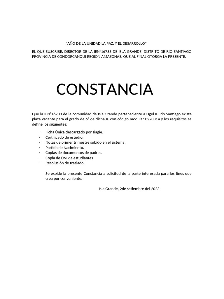Vacante 6° Grado IEN°16733 Isla Grande | PDF