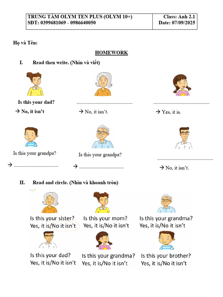 English Homework for Class Anh 2.1 | PDF