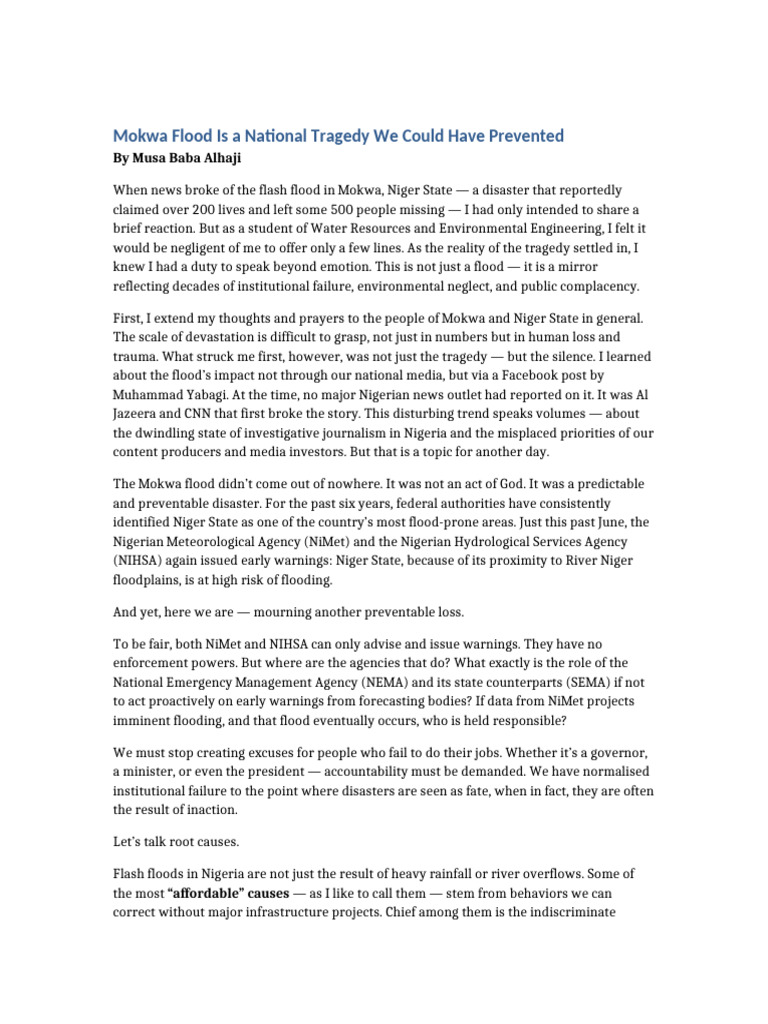 Mokwa Flood Article Musa Baba Alhaji | PDF | Flood | Natural Environment