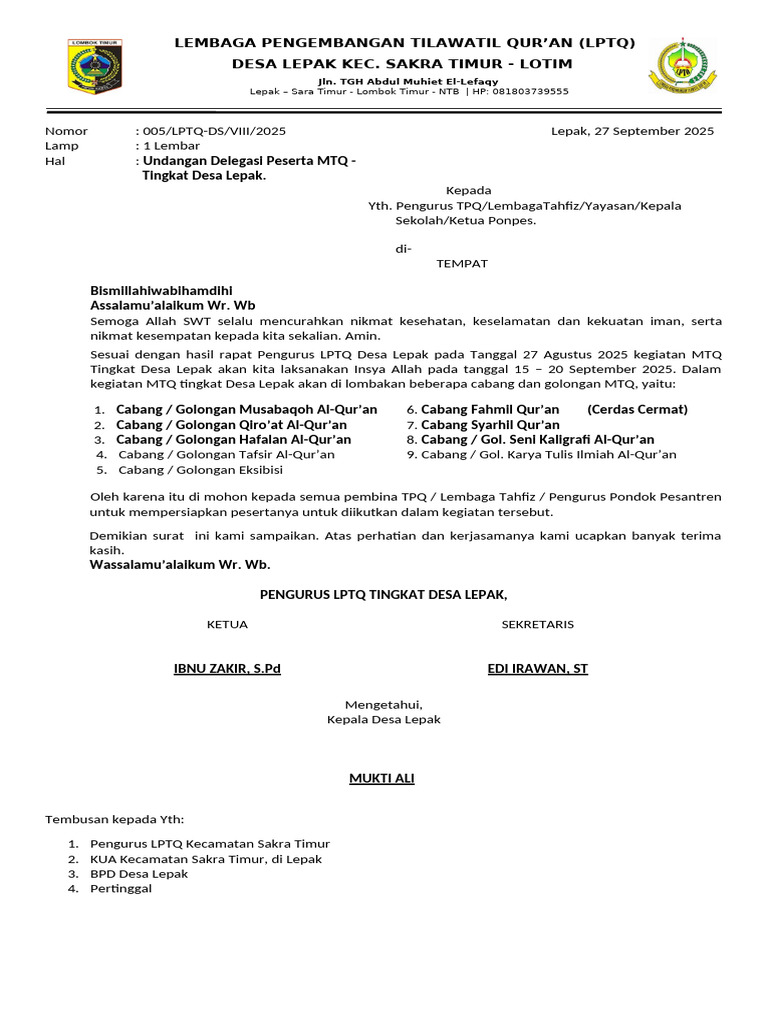 Undangan MTQ Desa Lepak 2025 | PDF